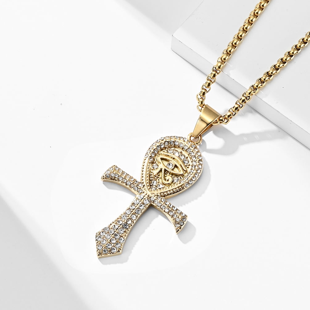 Hip Hop Bling Iced Out 14K Yellow Gold Eye of Horus Ankh Cross Pendants ...
