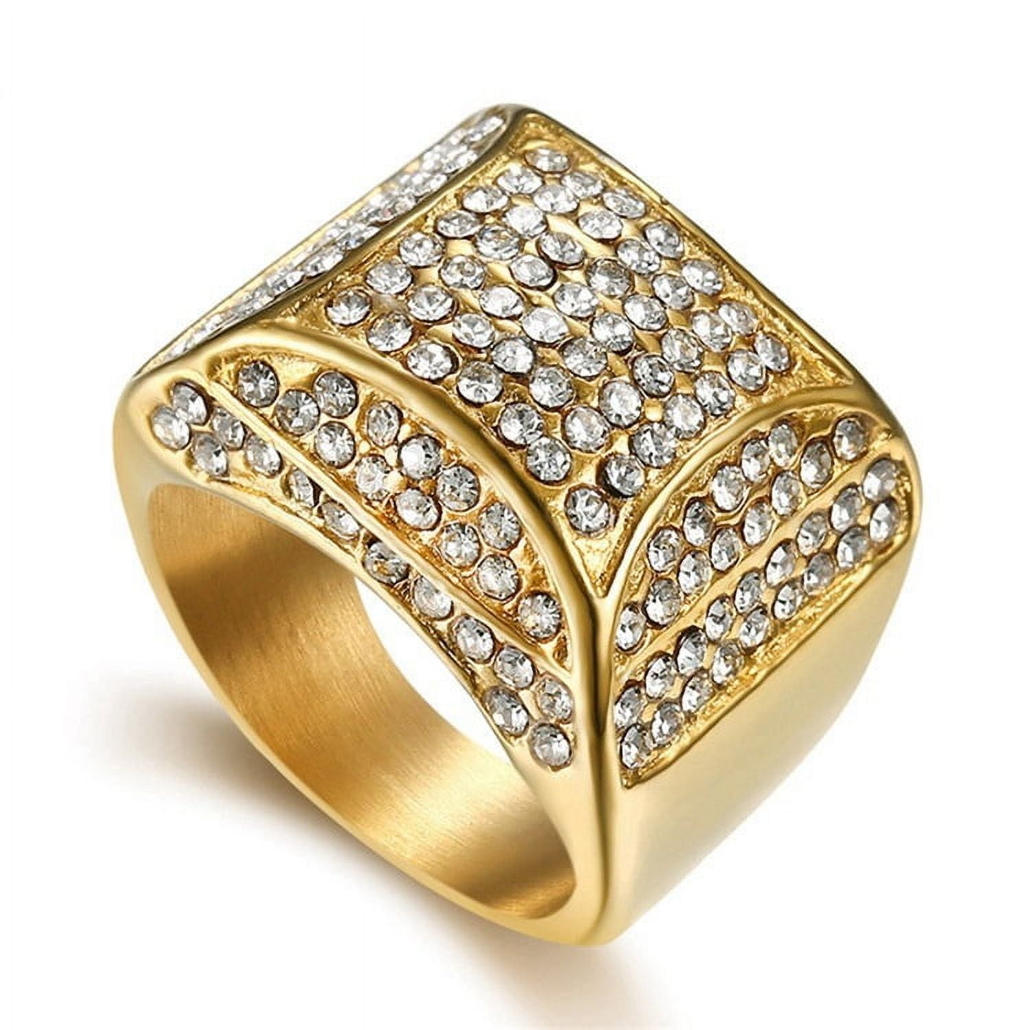 Hip Hop Bling Iced Out 14K Yellow Gold Geometric Round Finger Rings for ...