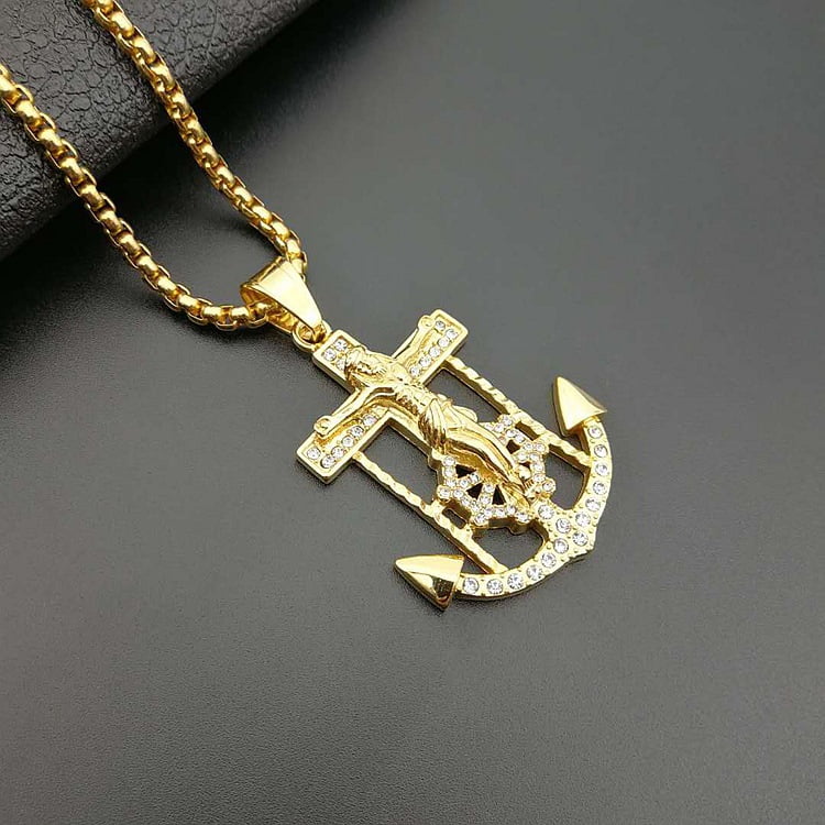 Hip Hop Bling Iced Out 14K Yellow Gold INRI Crucifix Jesus Anchor ...