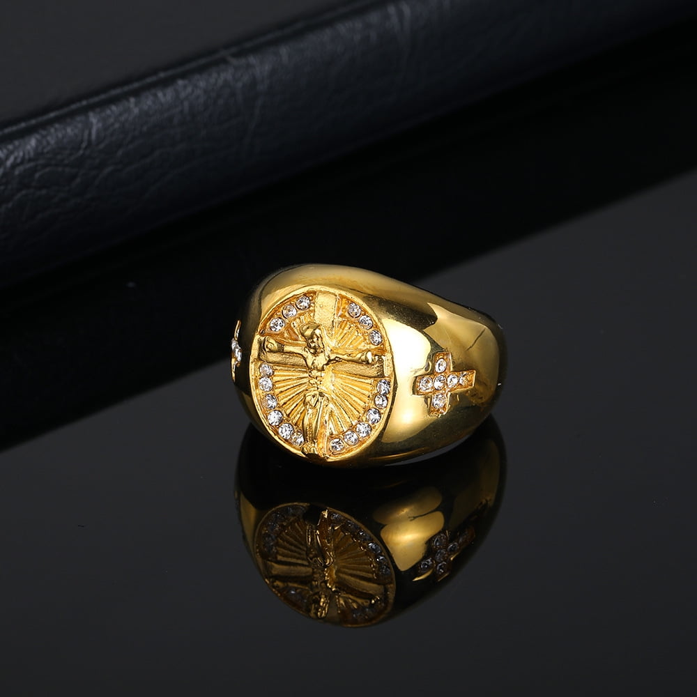 Hip Hop Bling Iced Out 14K Yellow Gold INRI Crucifix Jesus Cross Round ...