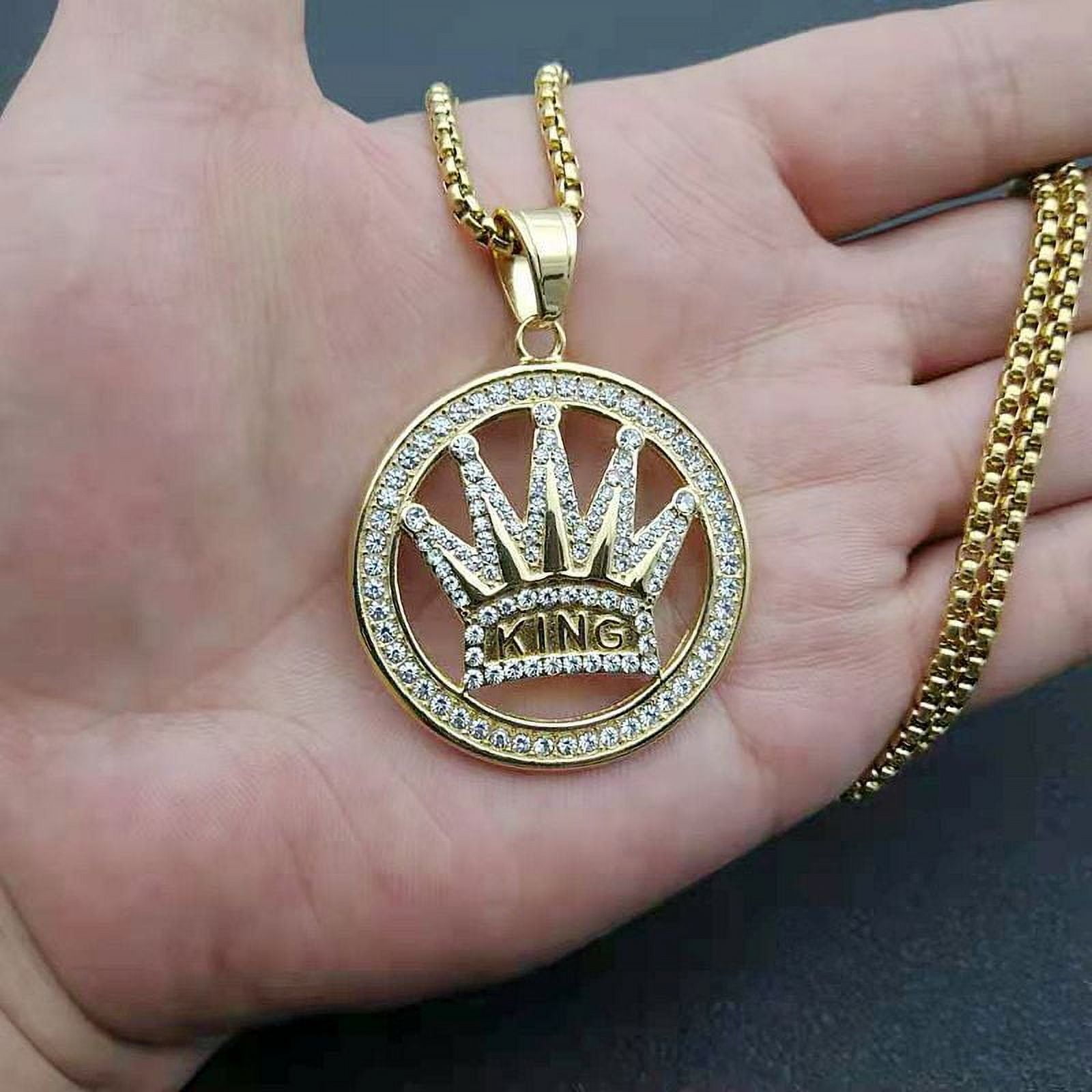 Hip Hop Bling Iced Out 14K Yellow Gold KING Crown Pendants Necklace for ...
