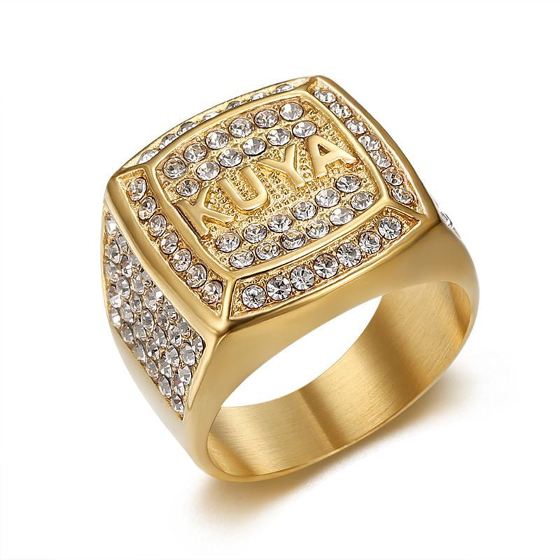 Hip Hop Bling Iced Out 14K Yellow Gold KUYA Square Finger Rings for Men ...