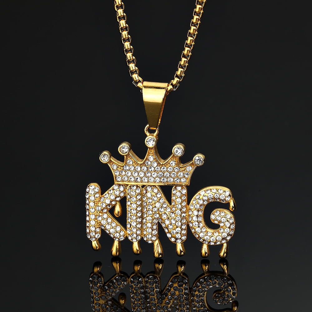 Hip Hop Bling Iced Out 14K Yellow Gold King Crown Pendants Necklace for ...