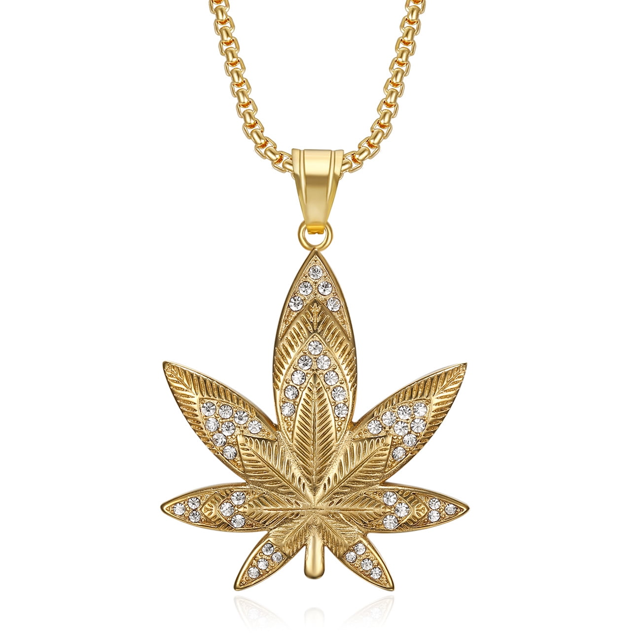 Hip Hop Bling Iced Out 14K Yellow Gold Maple Leave Pendants Necklace ...