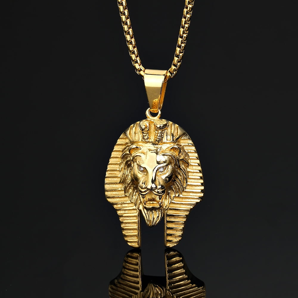 Hip Hop Bling Iced Out 14K Yellow Gold Pharaoh Lion Pendants Necklace ...