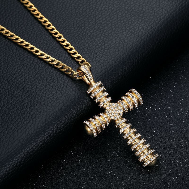 Hip Hop Bling Iced Out 14K Yellow Gold Semi Cylindrical Cross Pendant ...