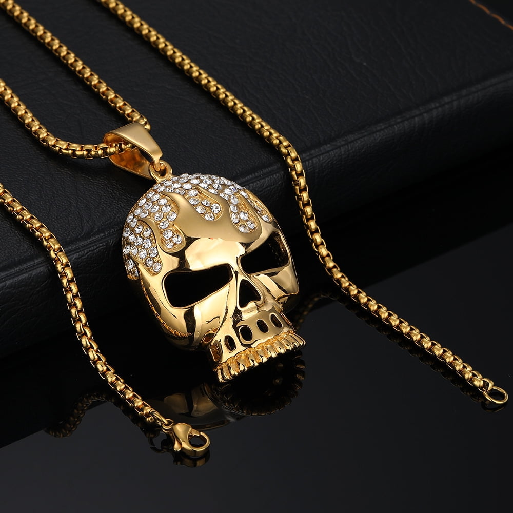 Hip Hop Bling Iced Out 14K Yellow Gold Skull Pendants Necklace for Men ...