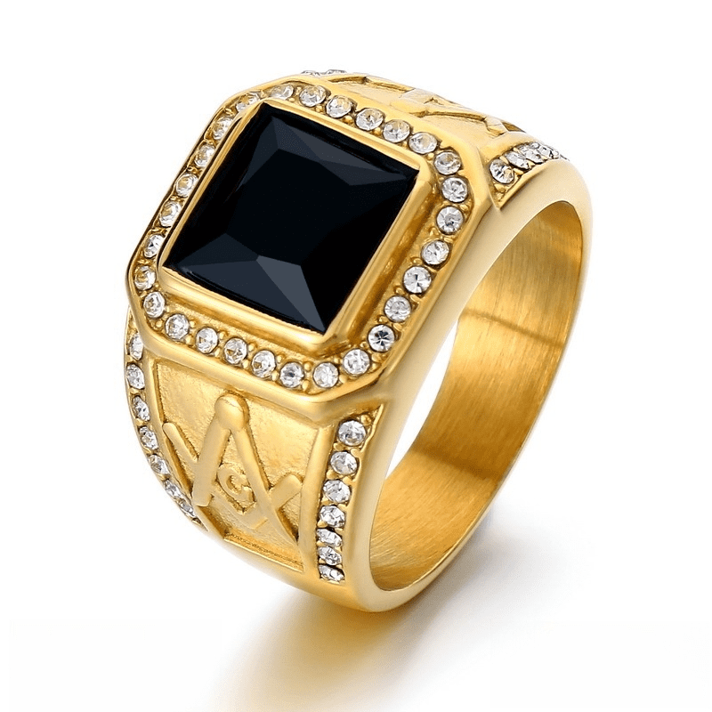 Hip Hop Bling Iced Out 14K Yellow Gold Square Big Stone Master Masonic ...