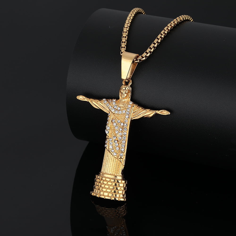 Hip Hop Bling Iced Out 14K Yellow Gold Statue of Christ Redeemer JESUS ...