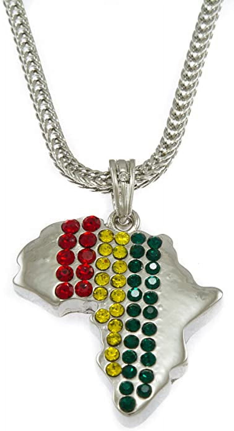 Hip-Hop Bling Iced Silver Tone Africa Rasta colors Pendant Necklace ...