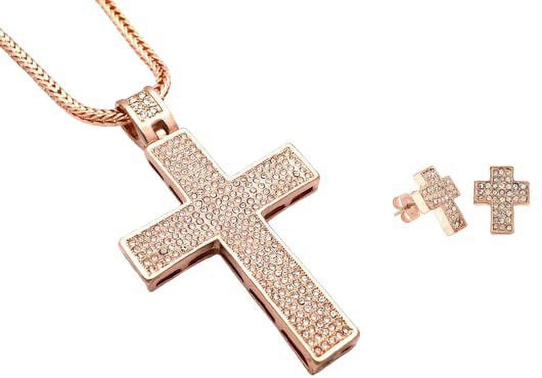 Hip Hop Bling Rose Gold Tone Jesus Block Cross Pendant and Earrings Set ...