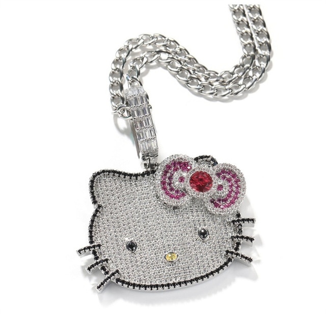 Hip Hop Cartoon Cat Pendant Necklace With Cuban Chain For Girl Iced Out ...