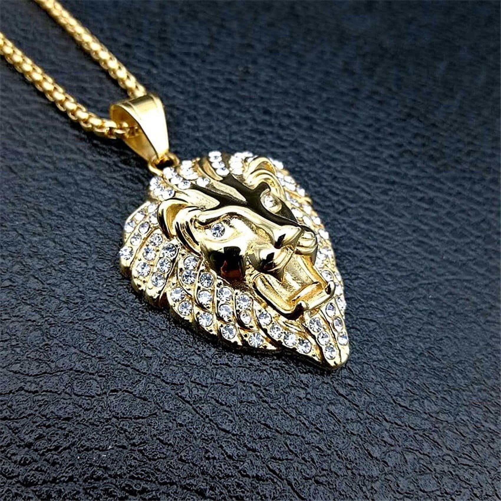 Hip Hop Charm Iced Out Bling Golden Lion Head Pendants Necklaces Male ...