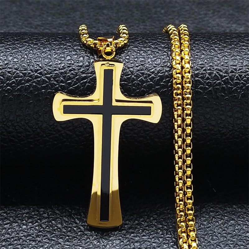 Hip Hop Christian Cross 14K Yellow Gold Long Chain Pendant Necklaces ...