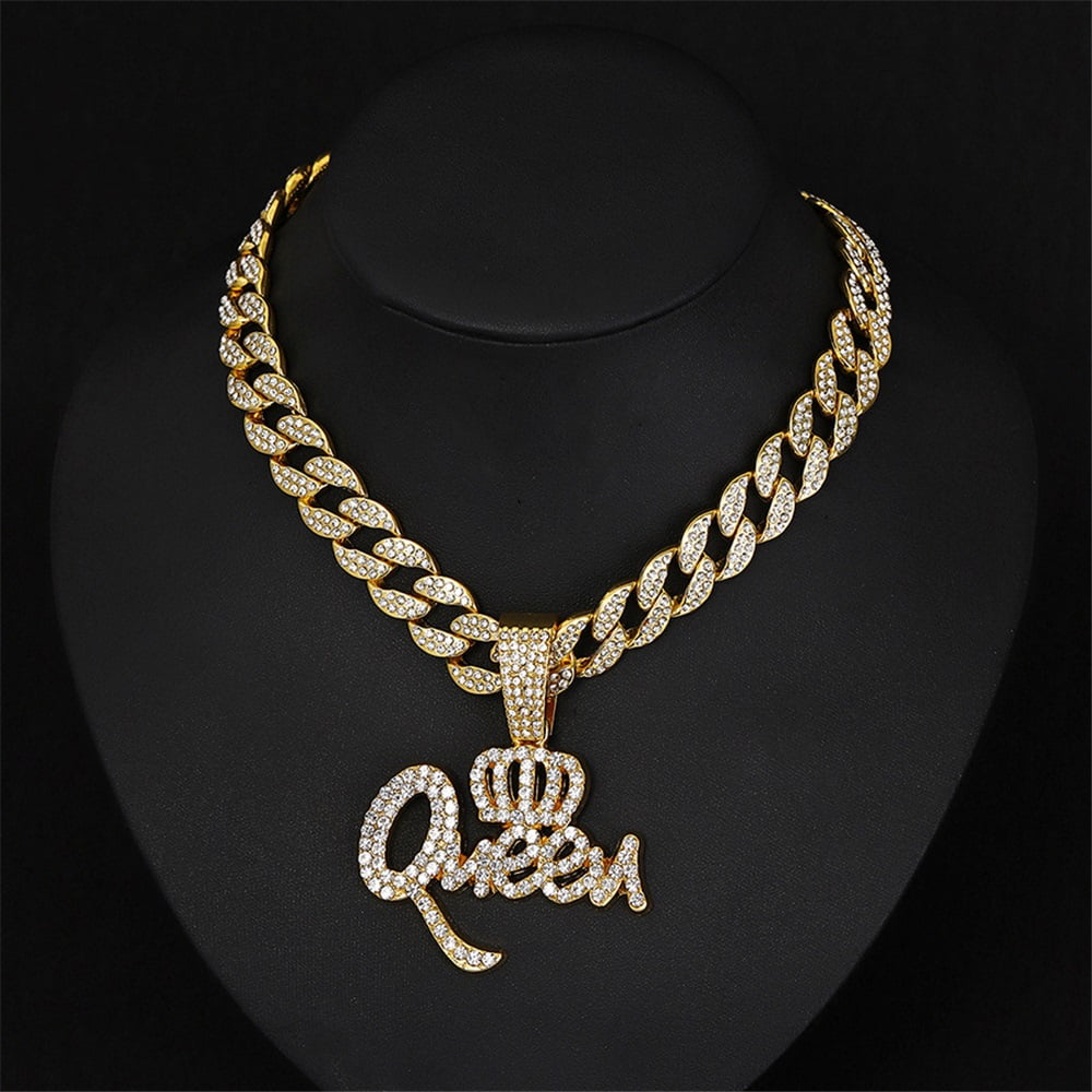 Hip Hop Crown QUEEN Letters Pendant Necklace 15mm Crystal Cuban Chain ...