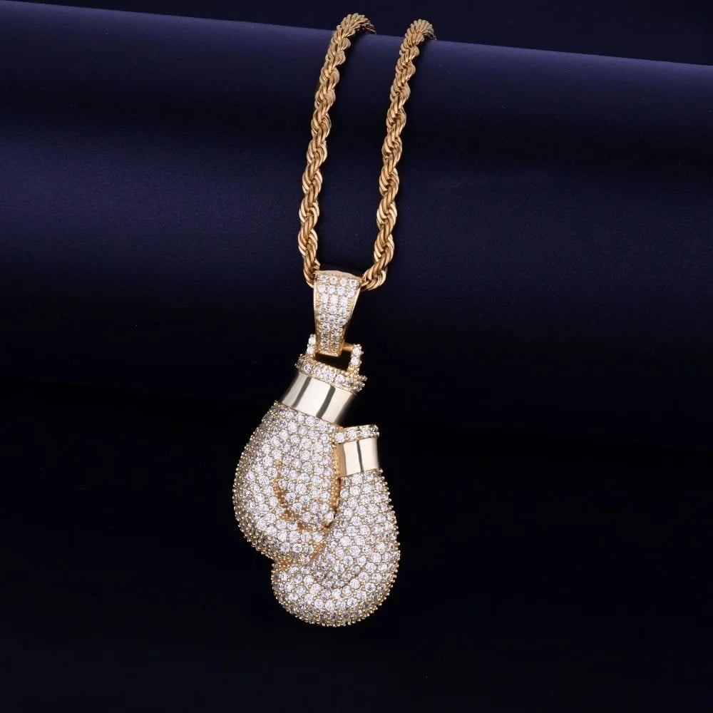 Hip Hop Crystal Boxing Gloves Portrait 14K Yellow Gold Necklace Pendant ...