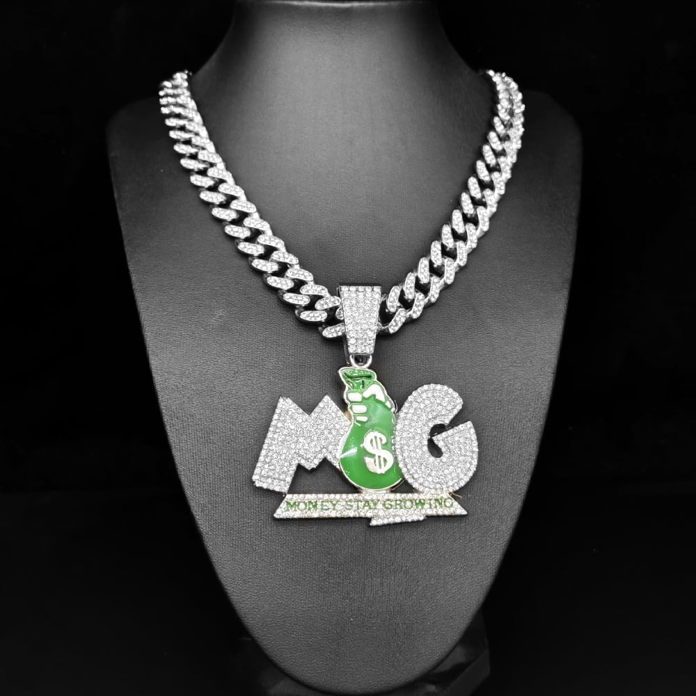 Hip Hop Cuban Chains MG Letter Green Money Bag Pendant Necklace With ...