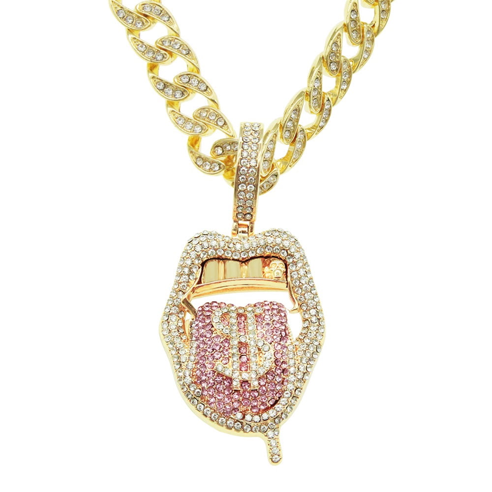Hip Hop Cuban Chains Pink Tongue Pendant Necklace With 13mm Miami Cuban ...