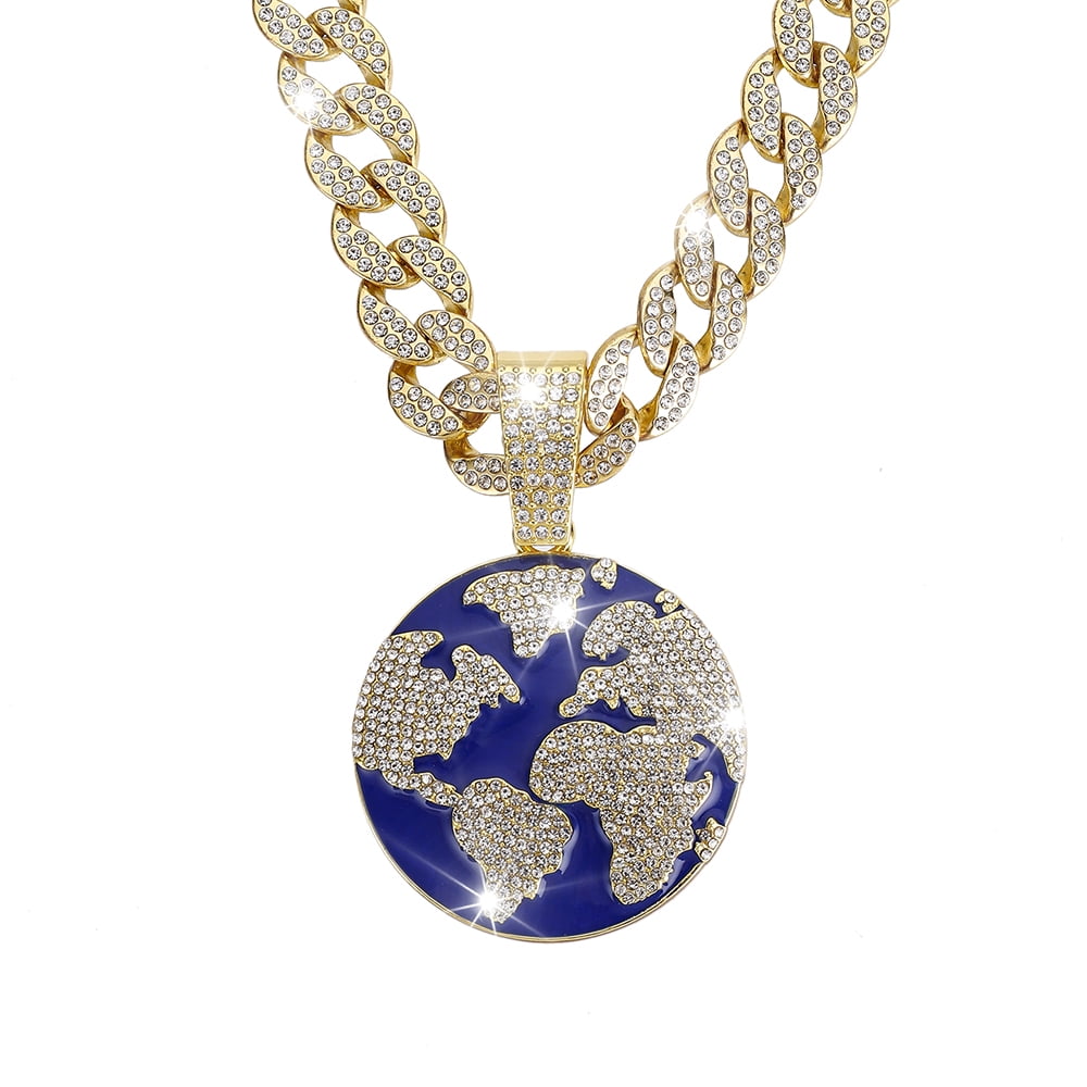 Hip Hop Cuban Chains Planet Earth Pendant Diamond Cuban Necklace for ...