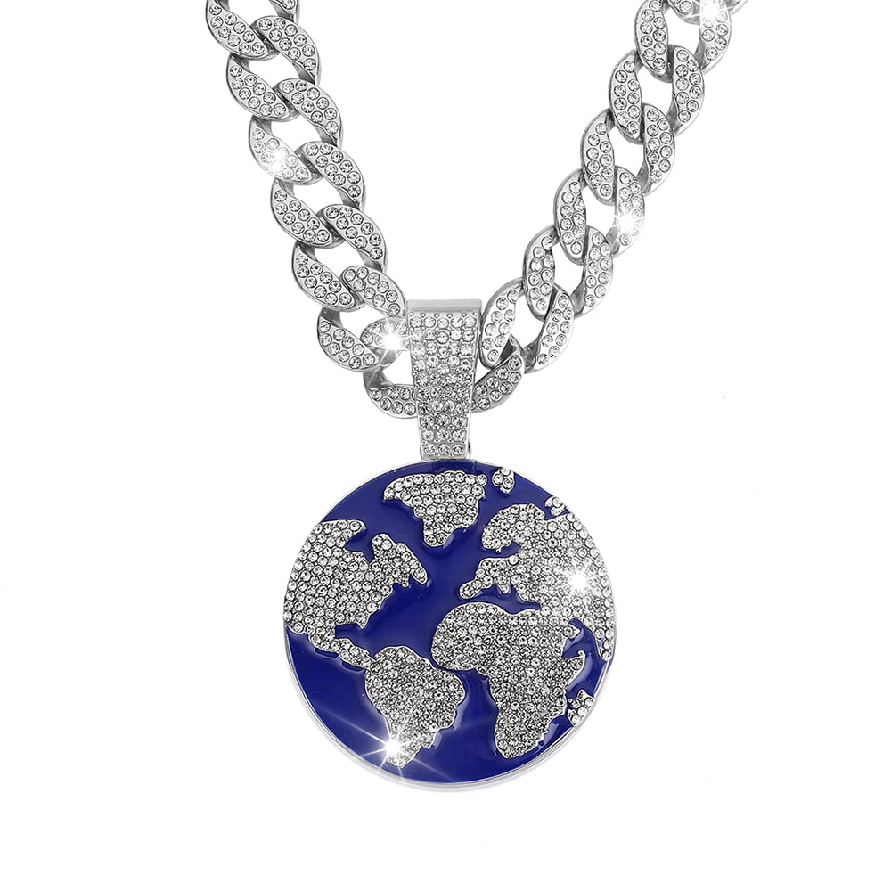 Hip Hop Cuban Chains Planet Earth Pendant Diamond Cuban Necklace for ...