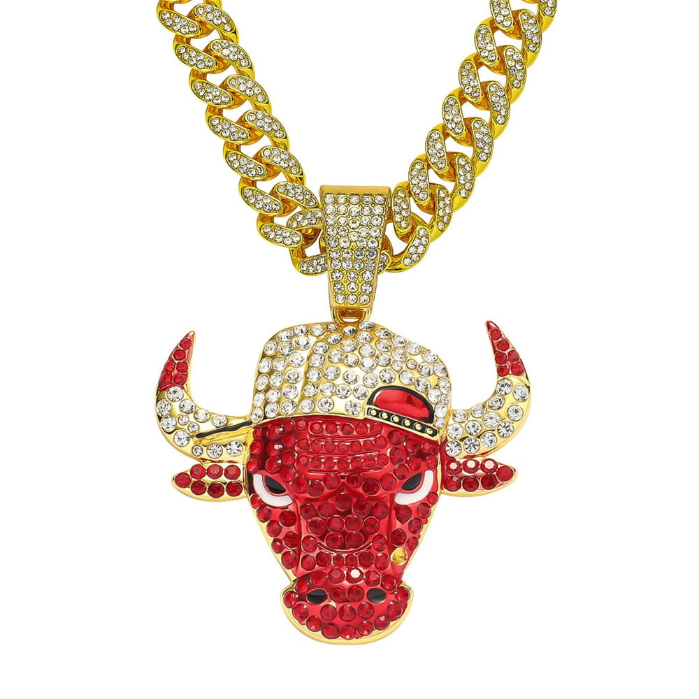Hip Hop Cuban Chains Red Bull Head Pendant Necklace With 13mm Miami ...