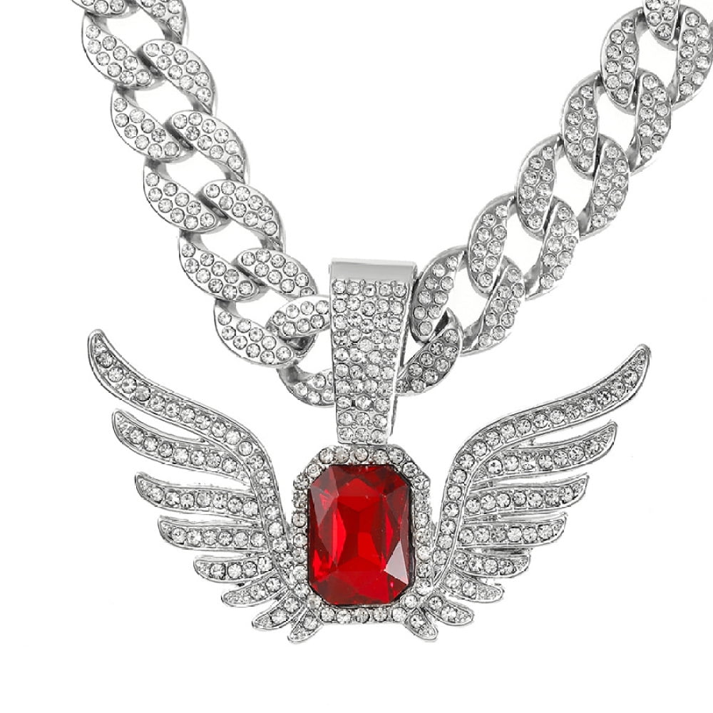 Hip Hop Cuban Chains Red Gemstone Wing Pendant Diamond Cuban Necklace ...