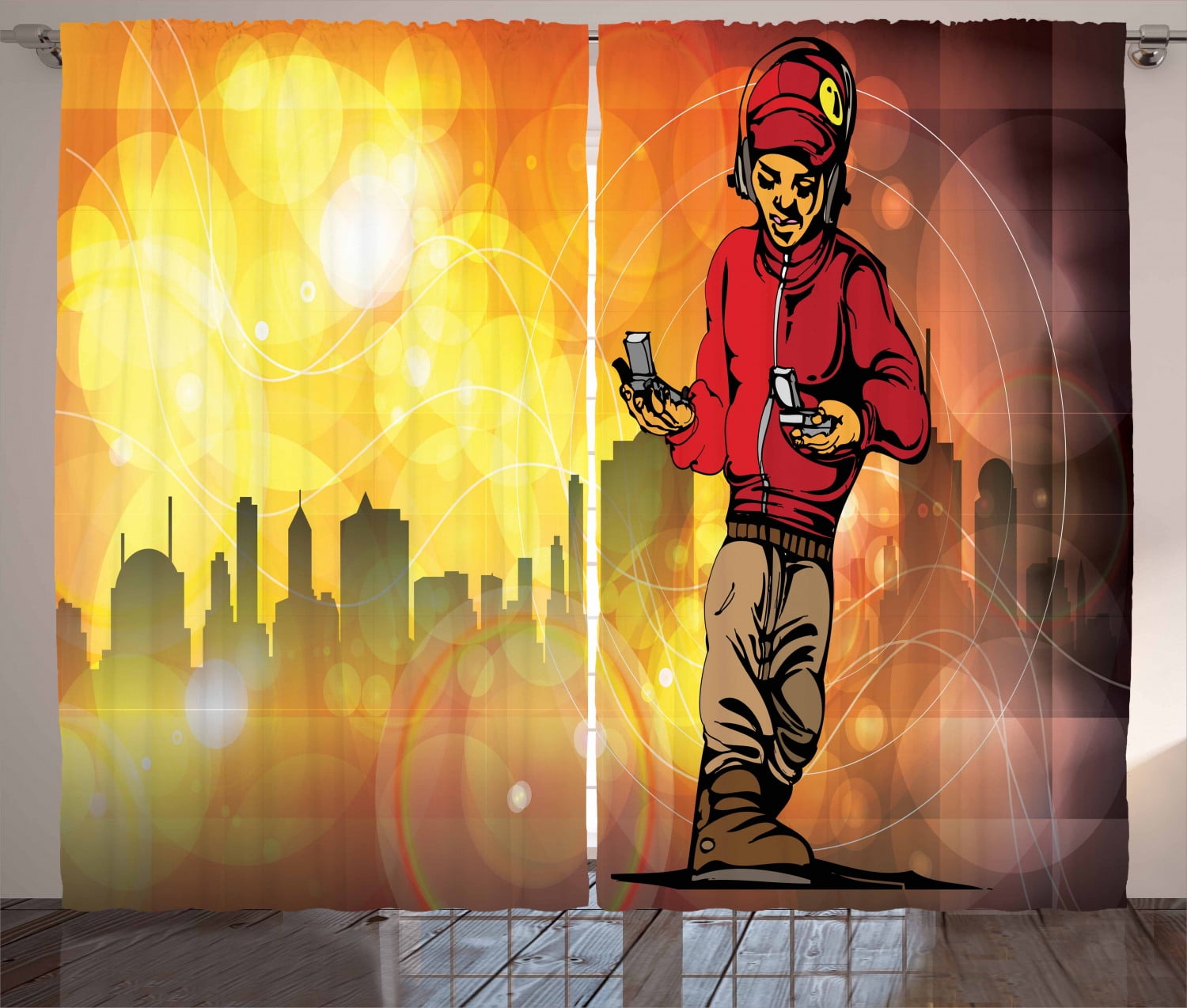 Ambesonne Hip Hop Curtains 2 Panel Set, Rap Music City Skyline, 108" x ...