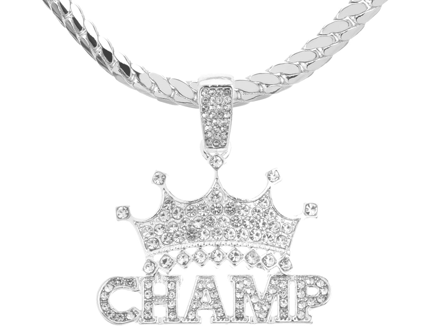 Hip Hop Fashion Iced Rapper King Crown CHAMP Bling Pendant 24" Silver ...