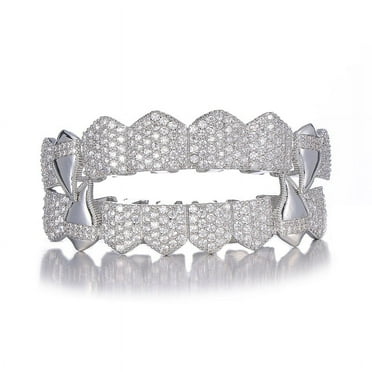 Saintda Diamond Grillz, Silver Vampire Style, Cubic Zirconia Iced Out ...