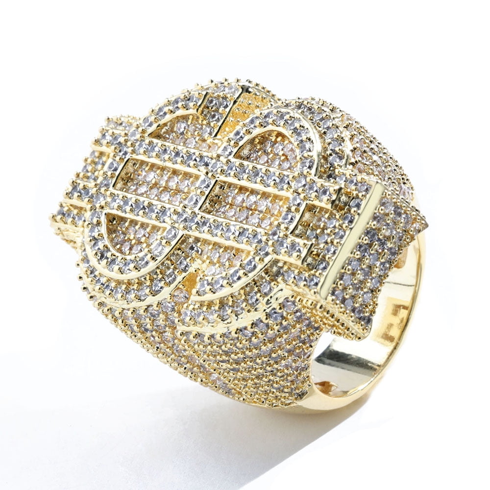 Hip Hop Full Diamond $Sign 14K Yellow Gold Ring Bling Iced Out Money ...