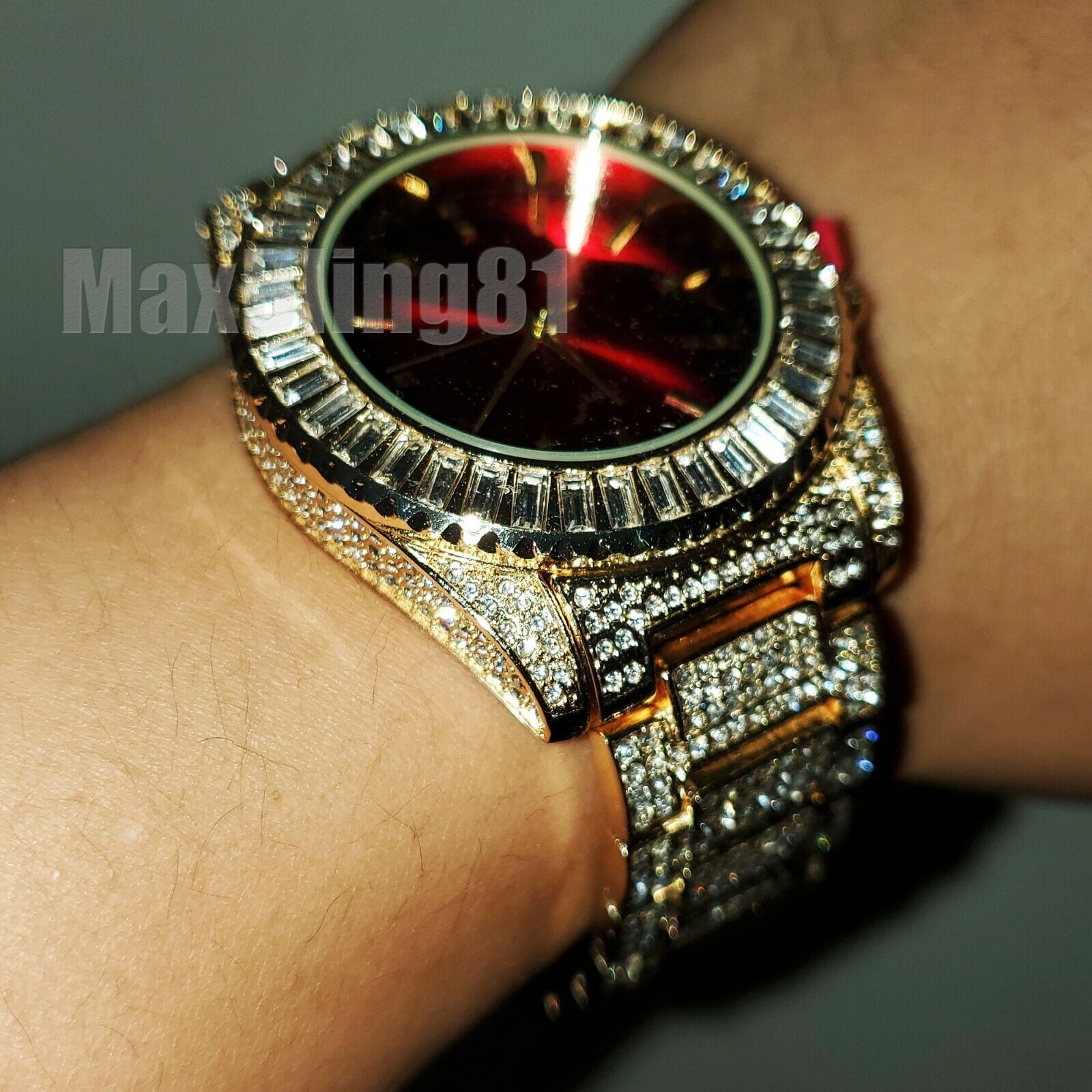 Hip Hop Full Iced Gold PT Red Dial Rapper Baguette Stone Bling Wrist ...