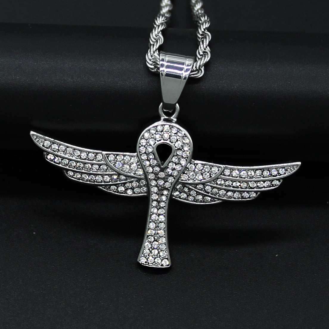 Hip Hop Full Rhinestones Bling Iced Out 14K Yellow Gold Angel Wing Ankh ...