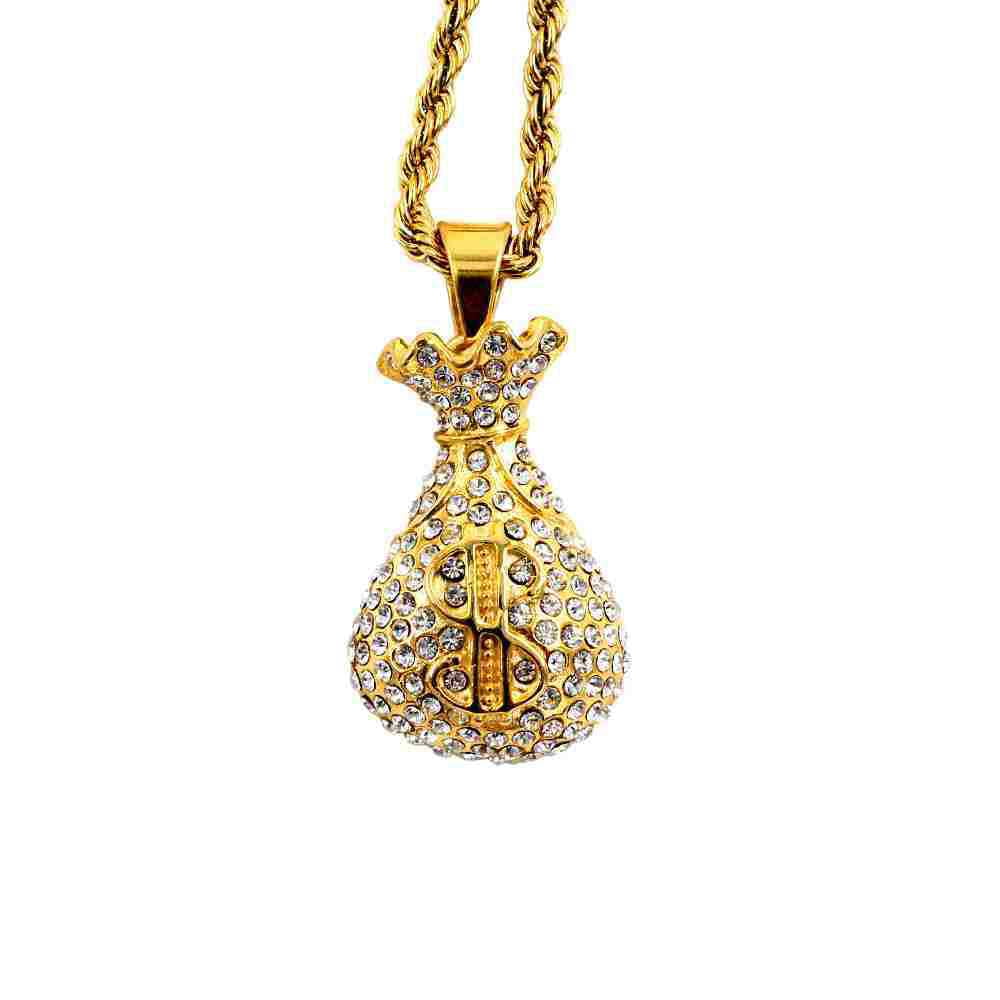 Hip Hop Full Rhinestones Bling Iced Out 14K Yellow Gold US Dollar Money ...