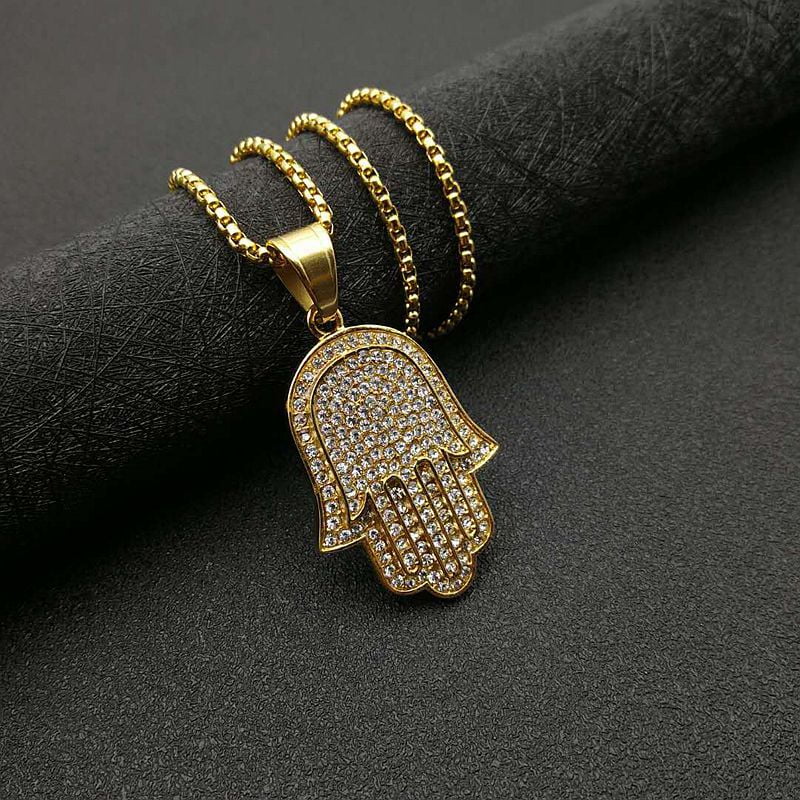 Hip Hop Full Zircon Pave Bling Iced Out Fatima Hand Pendants Necklace ...