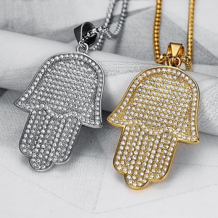 Hip Hop Gold Micro Pave Full Rhinestone Bling Hamsa Hand Fatima Palm ...