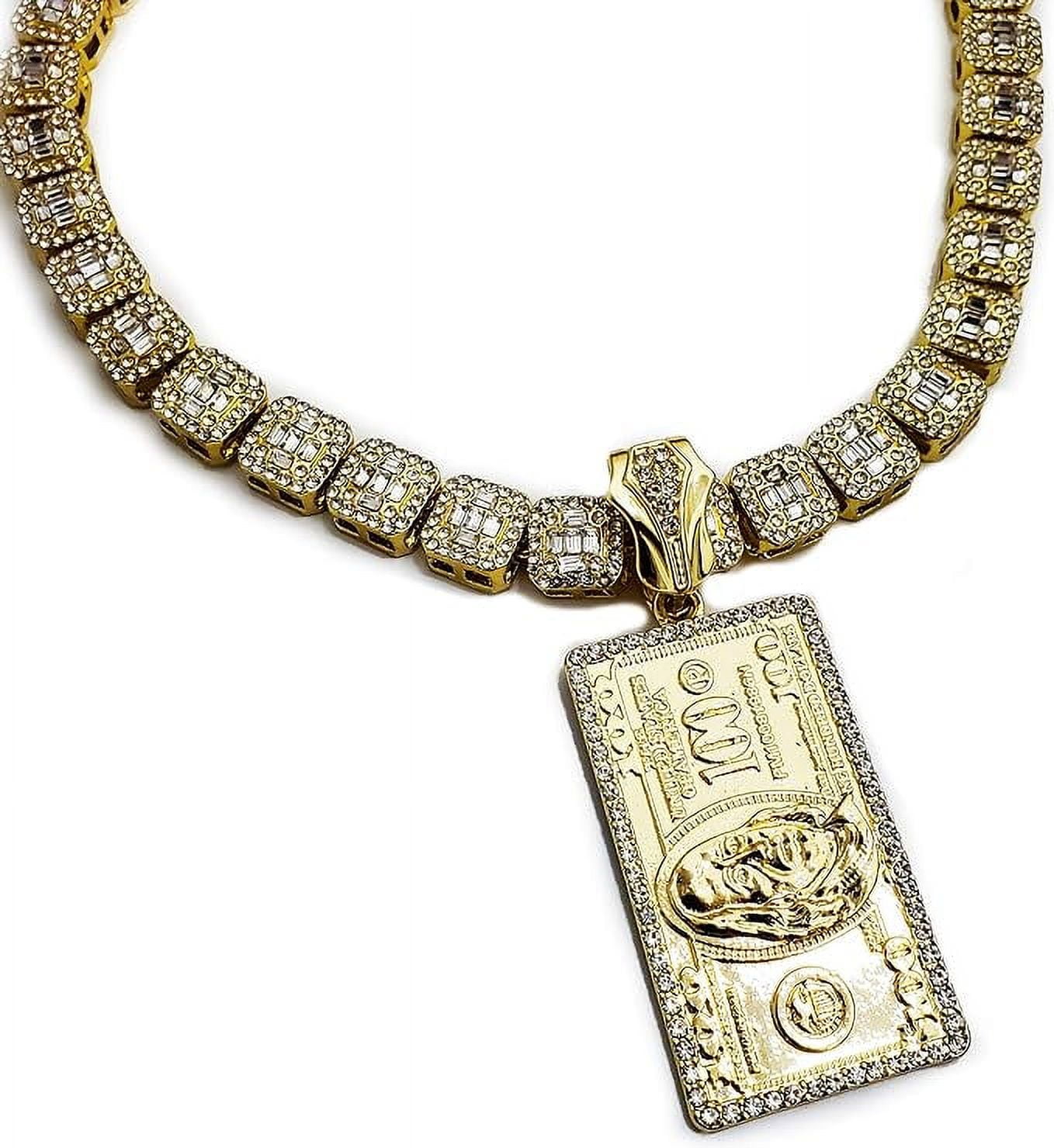 Hip Hop Gold Plated Cubic Zirconia $100 Dollar Bill Benjamin Pendant ...
