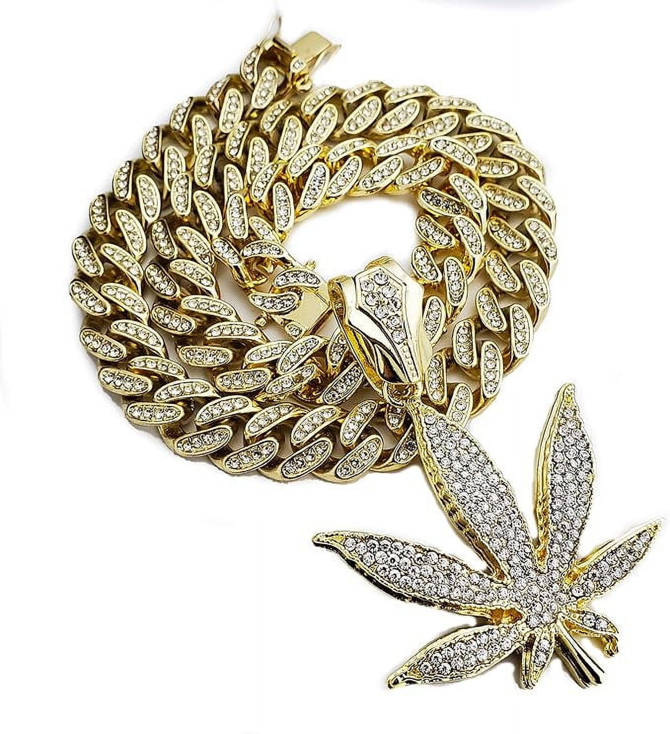 Hip Hop Gold Plated Cubic Zirconia Marijuana Weed Leaf Pendant & 12mm ...
