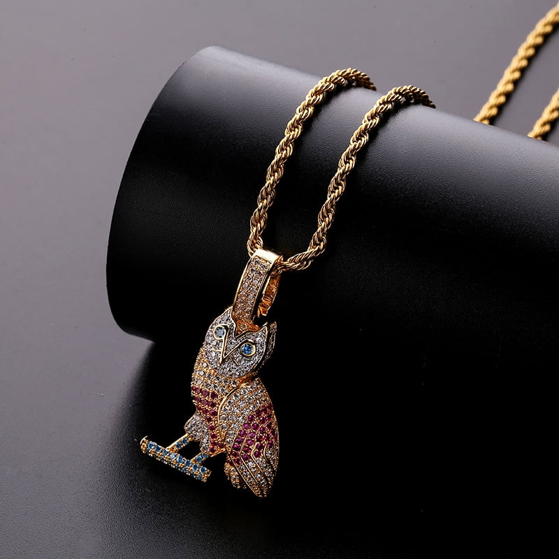 Hip Hop Ice Out Owl 14K Yellow Gold Necklace Shiny Bing Cubic Zirconia ...