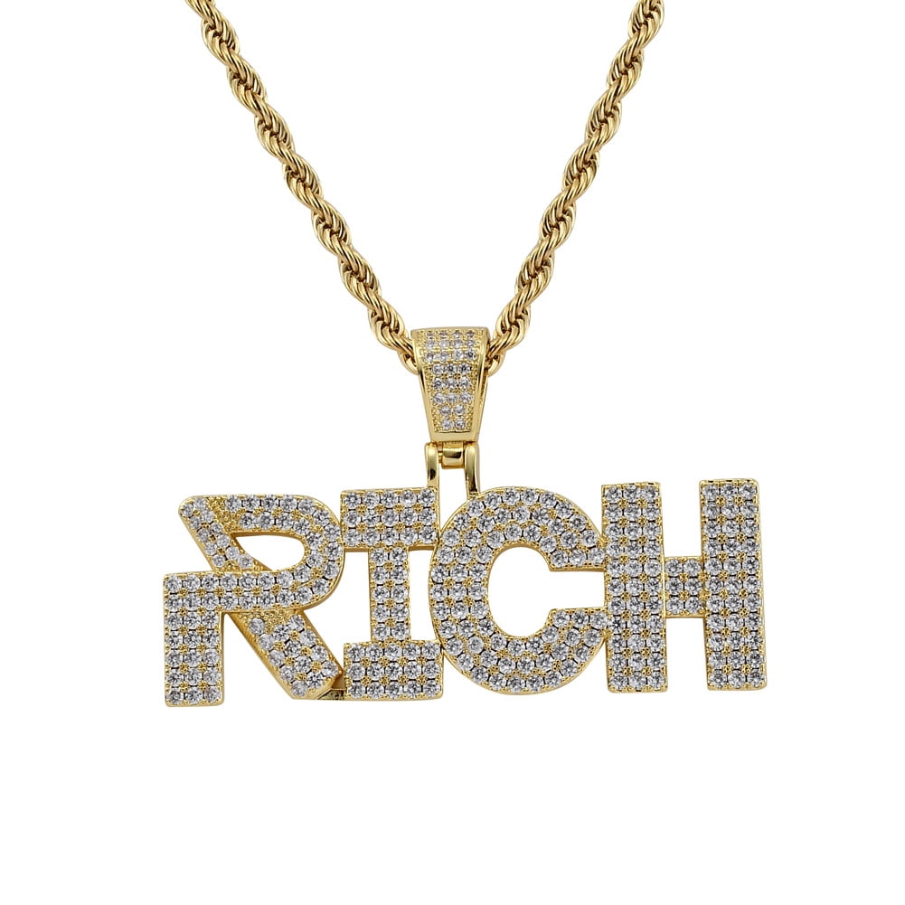 Hip Hop Ice Out Square Crystal RICH Letter 14K Yellow Gold Pendant ...