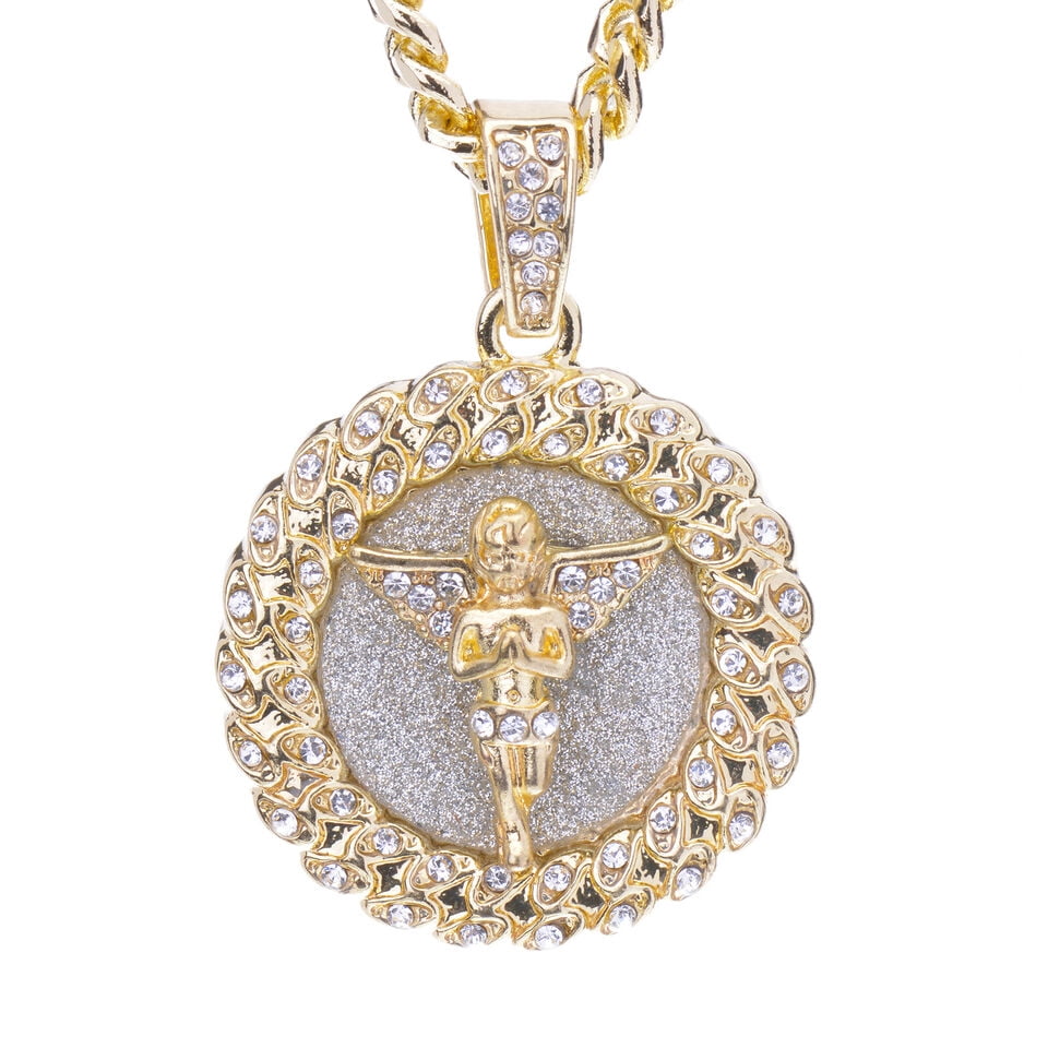 Hip Hop Iced 14K Gold Plated Men's Angel Pendant 24 inch Cuban Chain ...