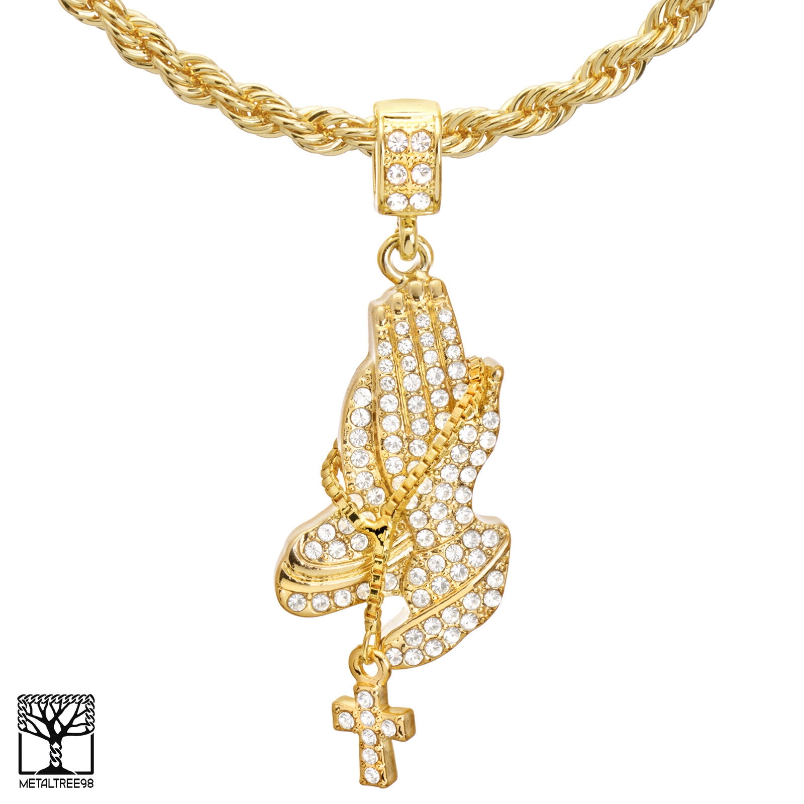 Hip Hop Iced 14K Gold Plated Pray Hand with Cross Pendant 22" Rope ...