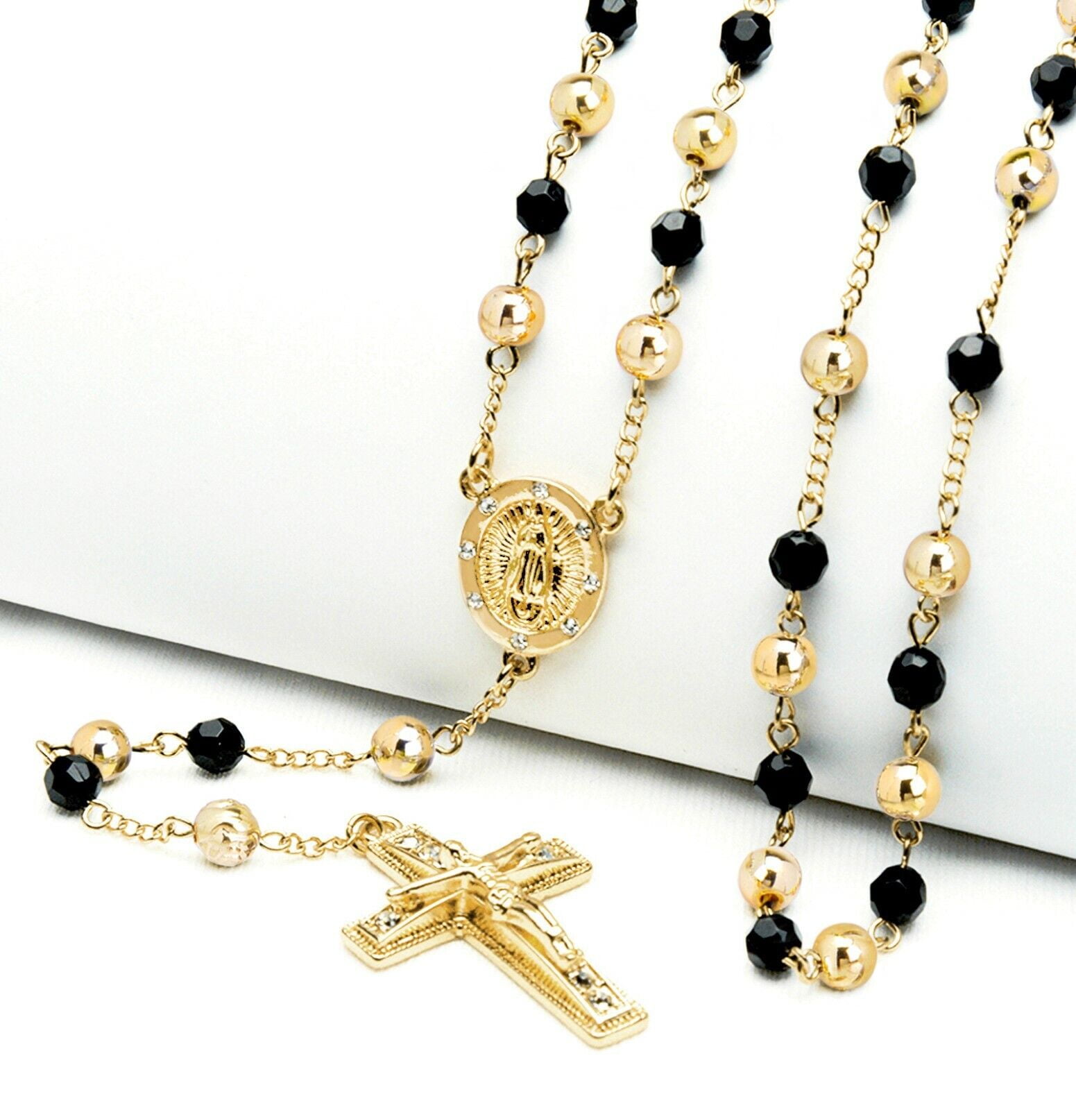 Hip Hop Iced 14k Gold Plated 6mm Bead Guadalupe & Jesus Cross 28 ...