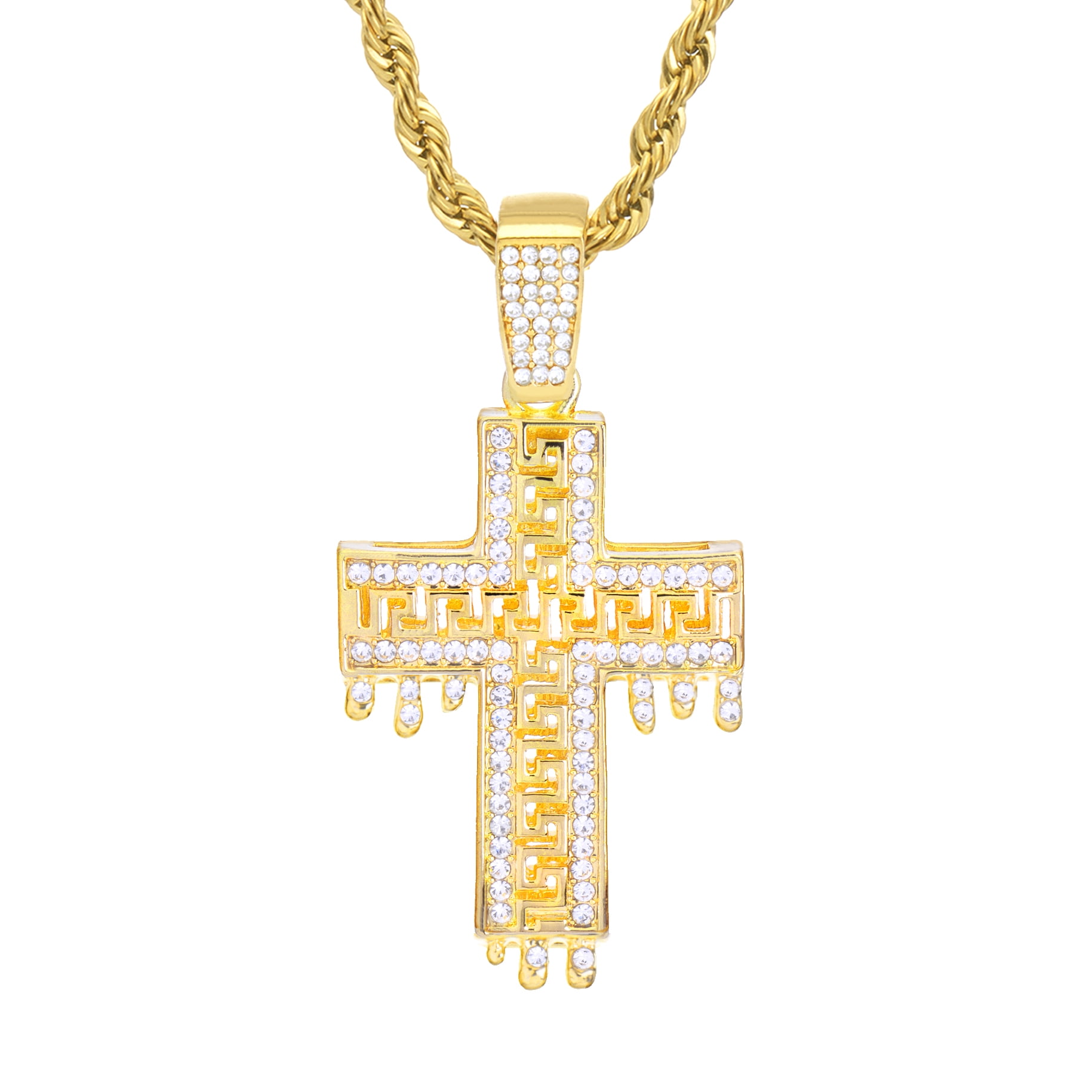 Hip Hop Iced Gold 14K Gold Plated Dripping Cross Pendant 24" Chain ...