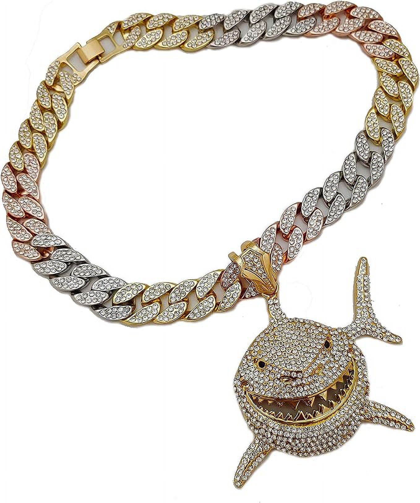 Hip Hop Iced Gold Plated Cubic Zirconia Large Shark Pendant & 16mm 18 ...