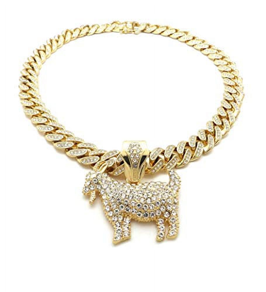 Hip Hop Iced Gold Plated Goat Pendant & 12mm 18" Box Lock Full Stone ...