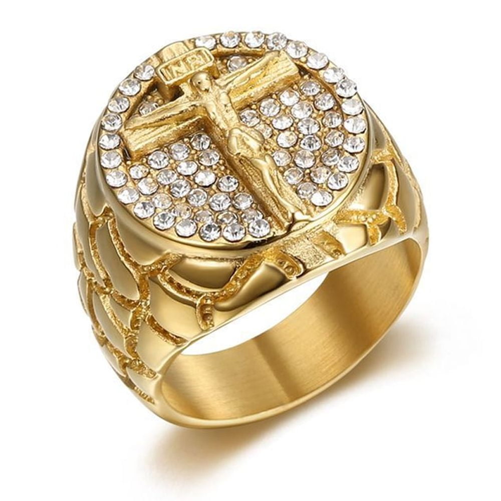 Hip Hop Iced Out Big Jesus Ring Male 14K Yellow Gold Christian Cross ...