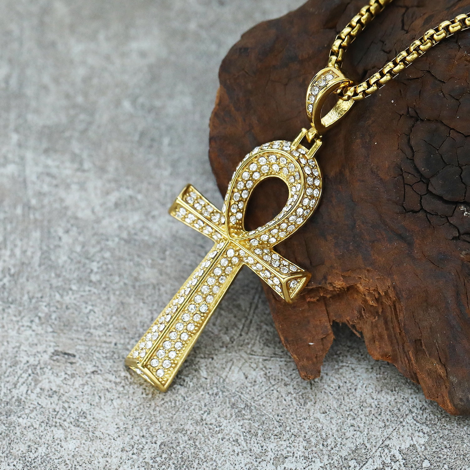 Hip Hop Iced Out Bling Ankh Cross Pendant 14K Yellow Gold Egyptian Necklace for Women Men ...