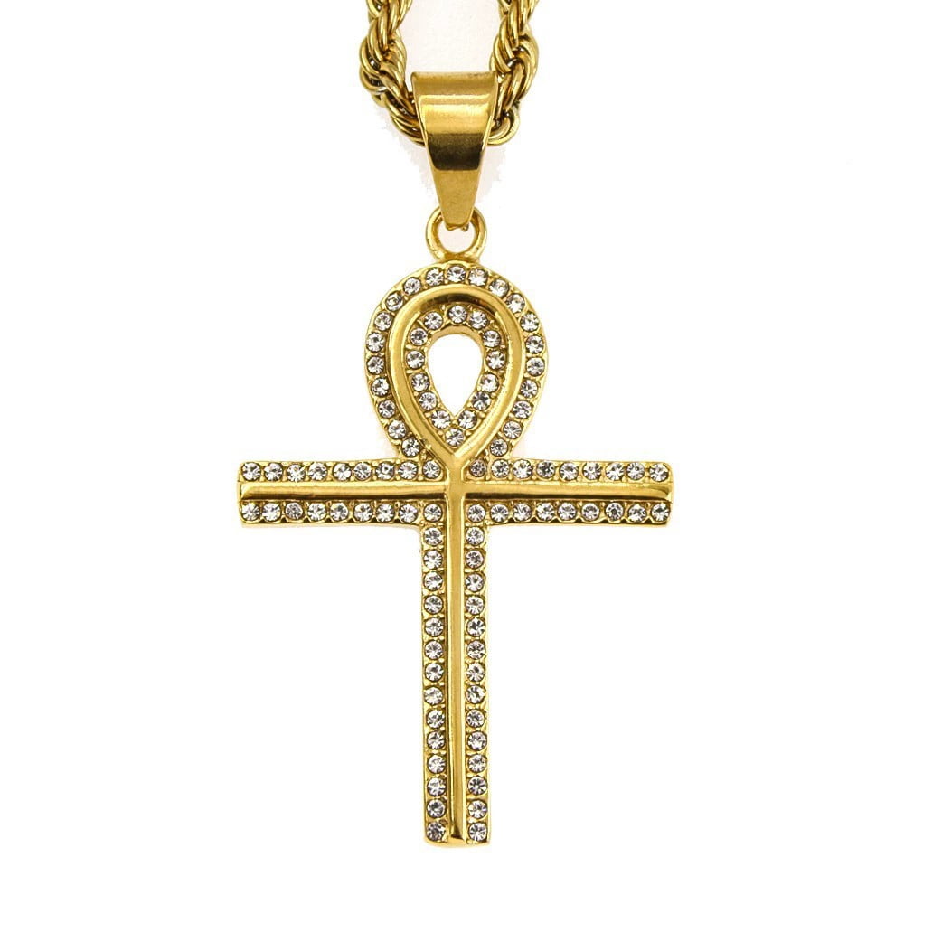 Hip Hop Iced Out Bling Ankh Cross Pendant 14K Yellow Gold Egyptian ...