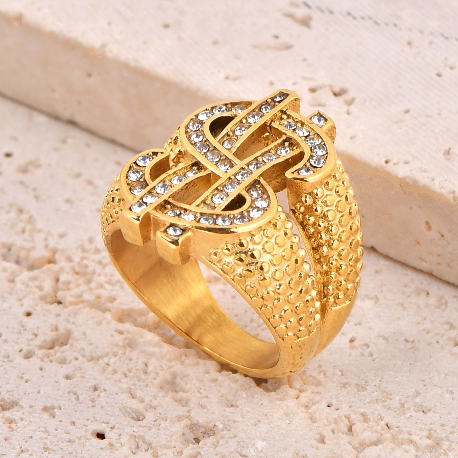 Hip Hop Iced Out Bling Big Dollar Signs Ring Male 14K Yellow Gold Money ...