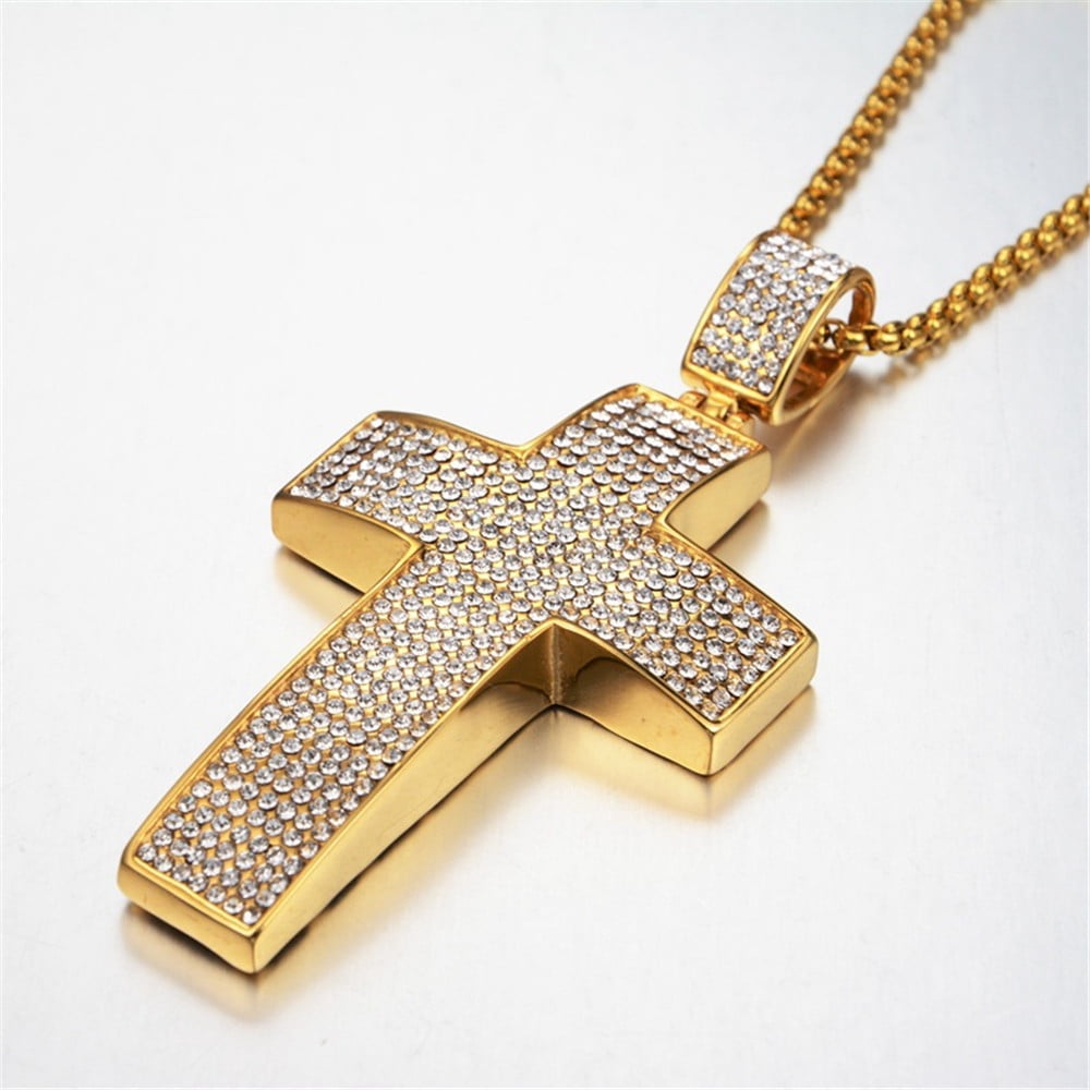 Hip Hop Iced Out Bling Big Jesus Cross Pendant Necklaces Religious 14K ...